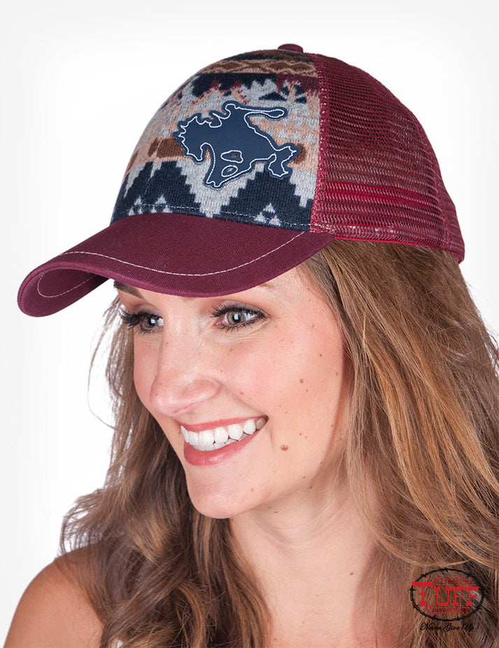 Cowgirl Tuff MAROON AZTEC TRUCKER CAP WITH BUCKIN' HORSE PATCH – Be ...